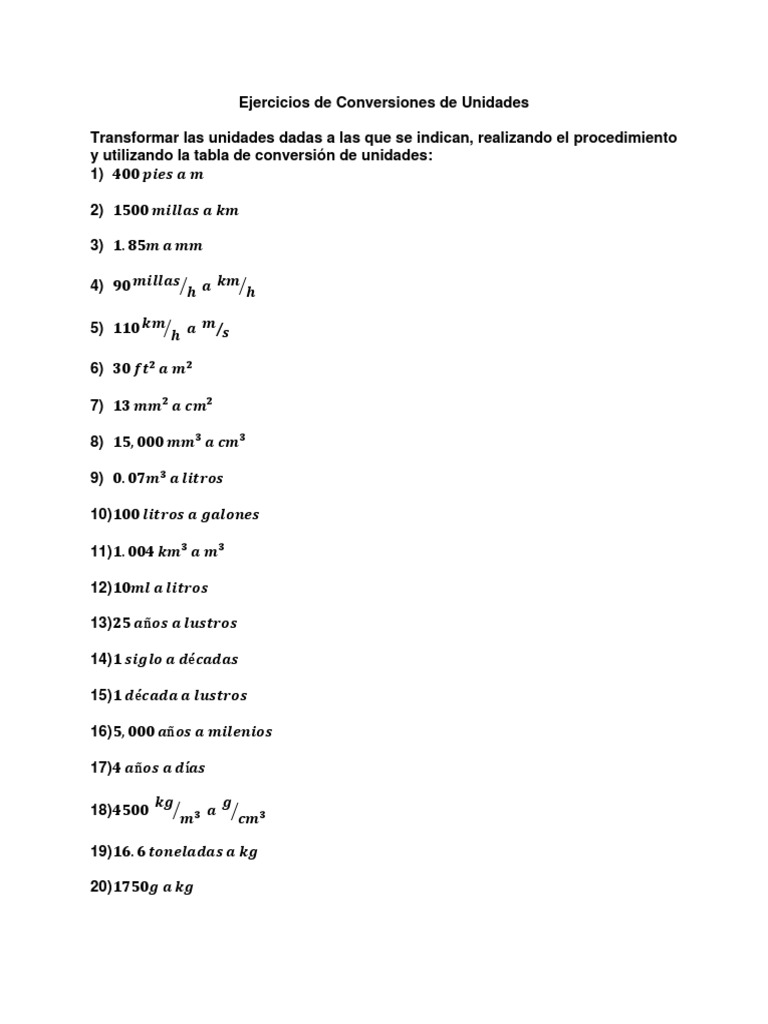 Ejercicios de Conversión de Unidades | PDF