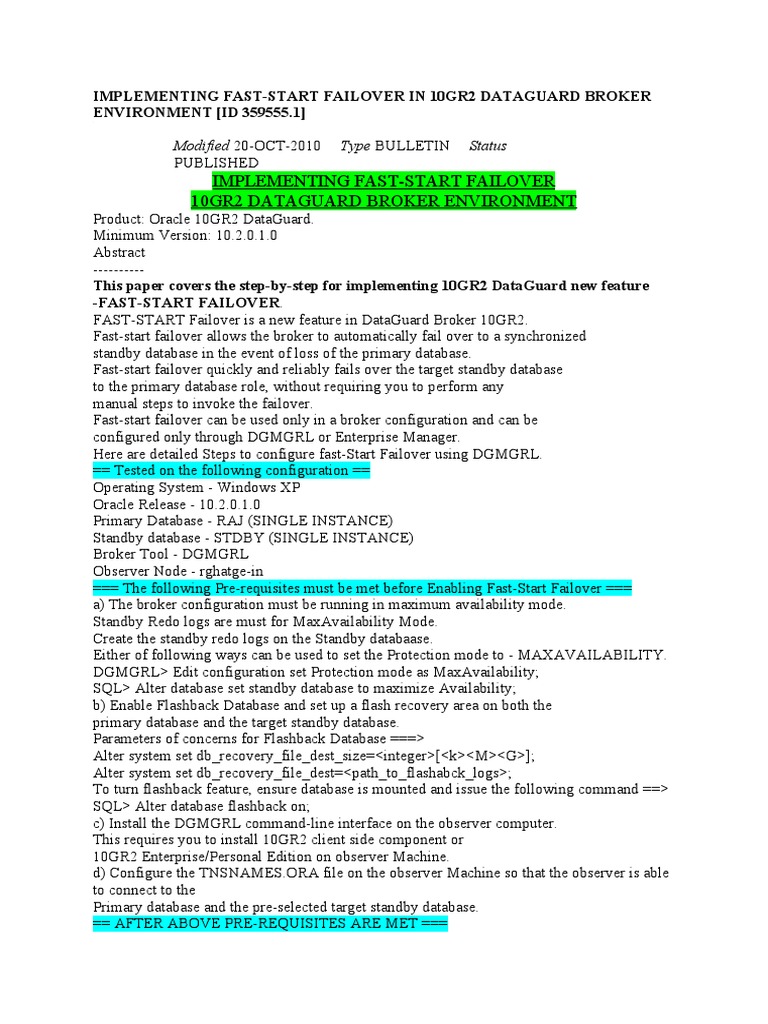 Implementing Fast Start Failover 10gr2 Dataguard Broker Environment Pdf System Software