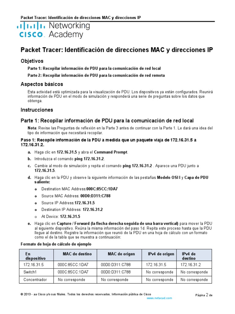 Packet Tracer: Identificación de direcciones MAC e IP | PDF | Enrutador (Computación ...