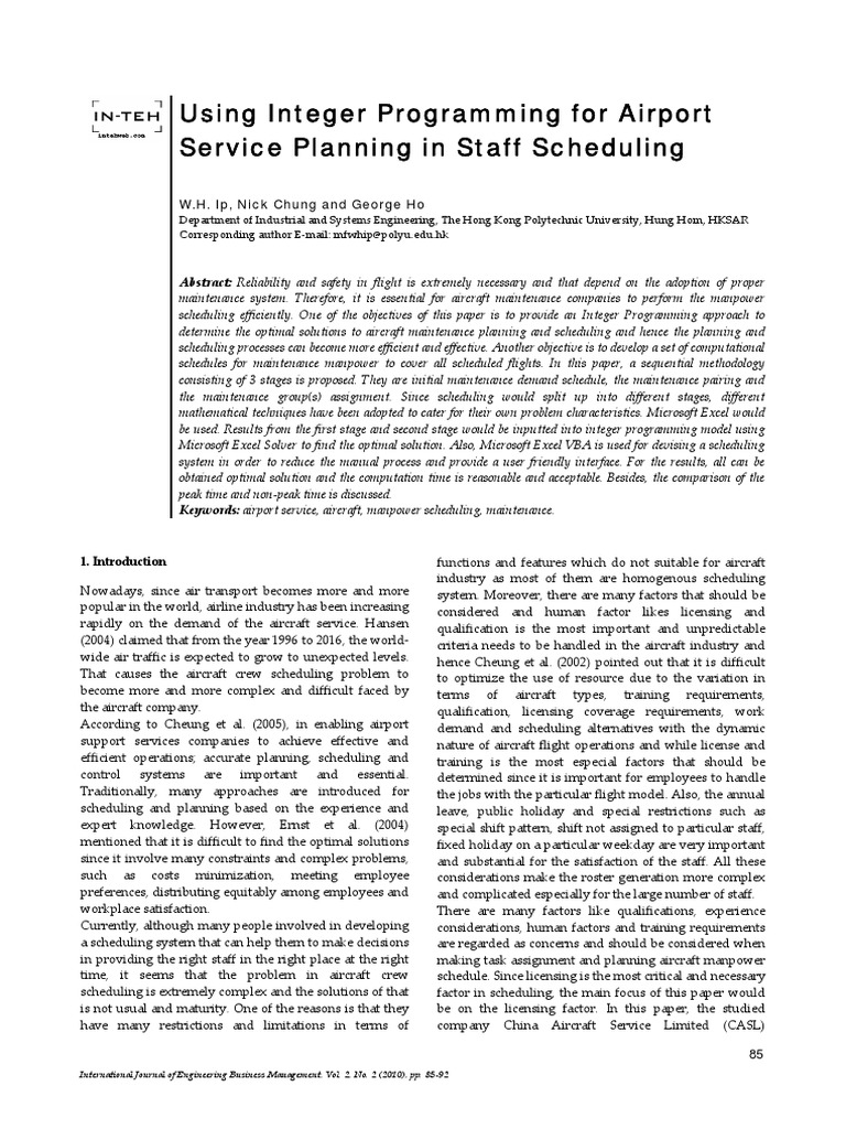 Using Integer Programming For Airport Service Planning in Staff Scheduling | PDF | Scheduling ...