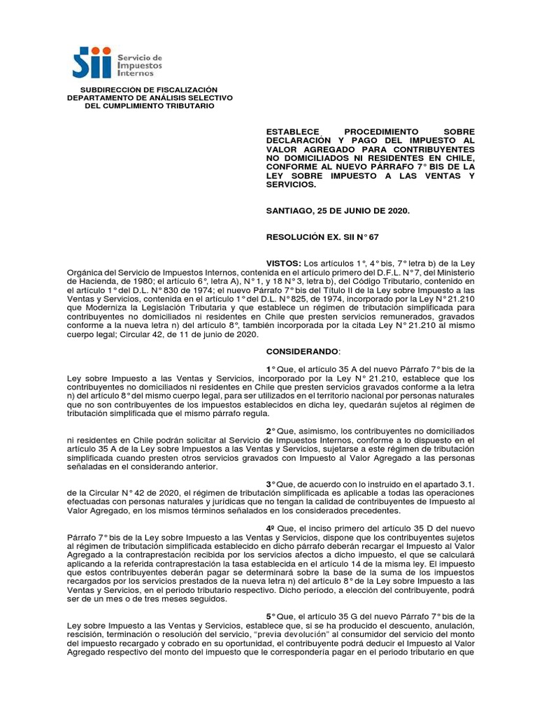 Res EX SII N67 | PDF | Contribuyente | Impuesto sobre la renta