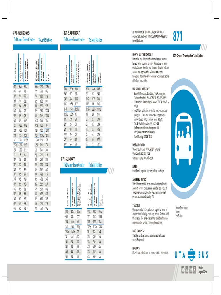 871-WEEKDAYS 871-SATURDAY: To Lehi Station To Lehi Station To Draper ...