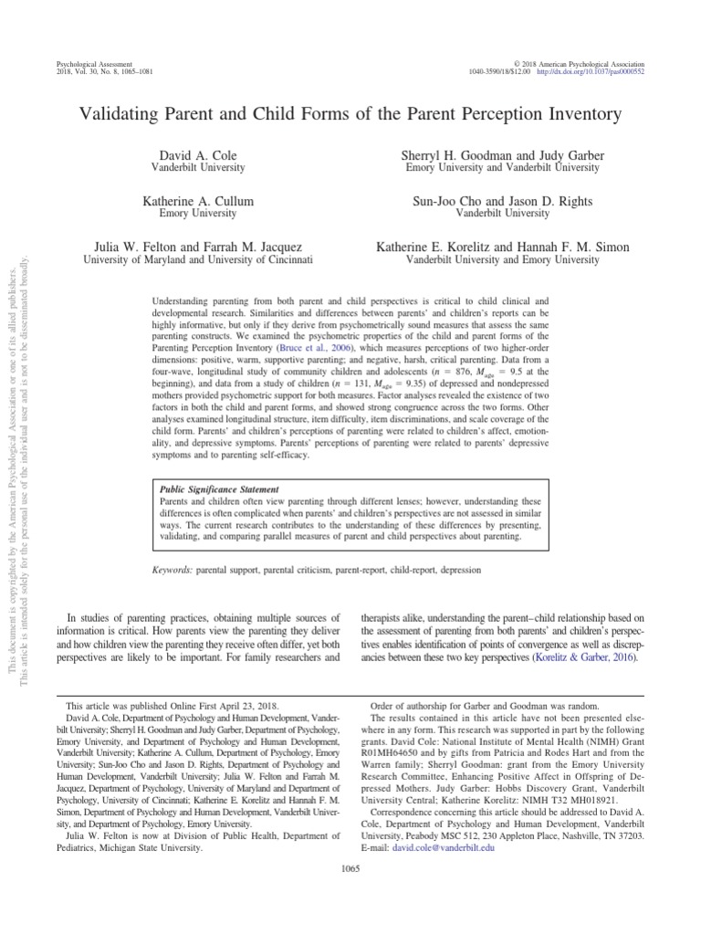 Validating Parent and Child Forms of The Parent Perception Inventory ...