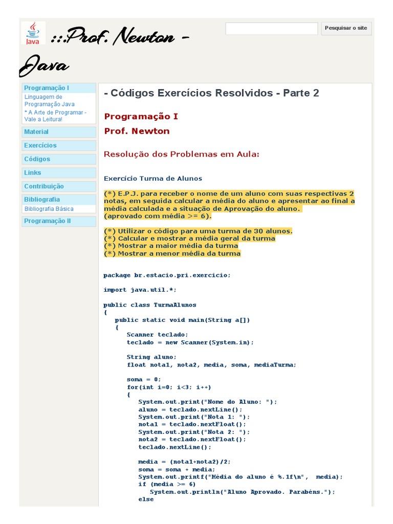 Códigos Exercícios Resolvidos - Parte 2 - .Prof. Newton - Java | PDF ...