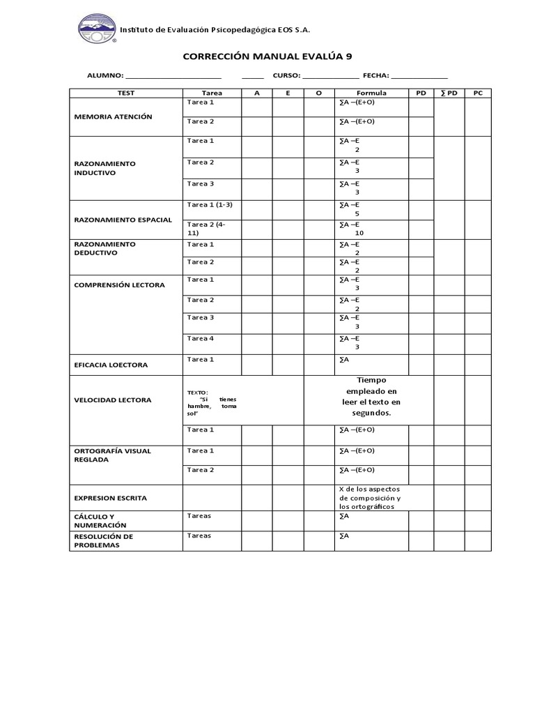 Tabla Correcion Evalua 10 | PDF | Cognición | Ciencia cognitiva