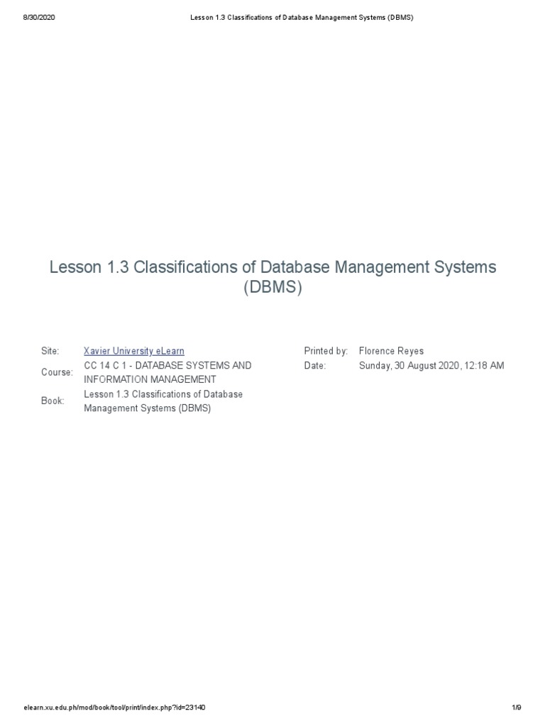 Lesson 1.3 Classifications of Database Management Systems (DBMS ...