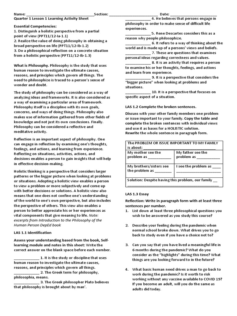 Philosophy Learning Activity Sheet Week 1 | PDF | Idea | Reason
