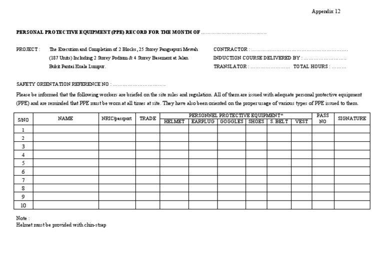 Personal Protective Equipment (Ppe) Record For The Month of .. . | PDF