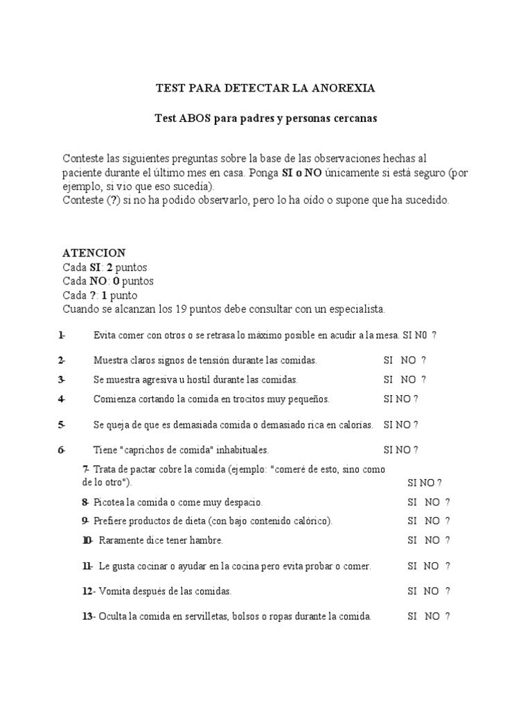 Test Abos para Detectar La Anorexia. Ser Productivo para Impresion | PDF