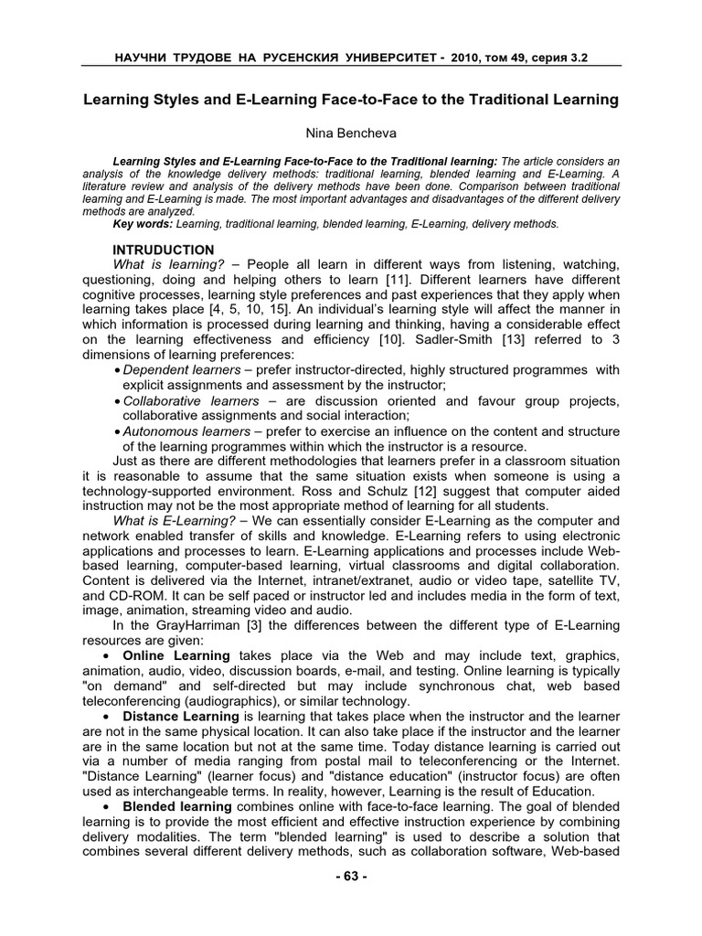 Learning Styles and E-Learning Face-to-Face To The Traditional Learning ...