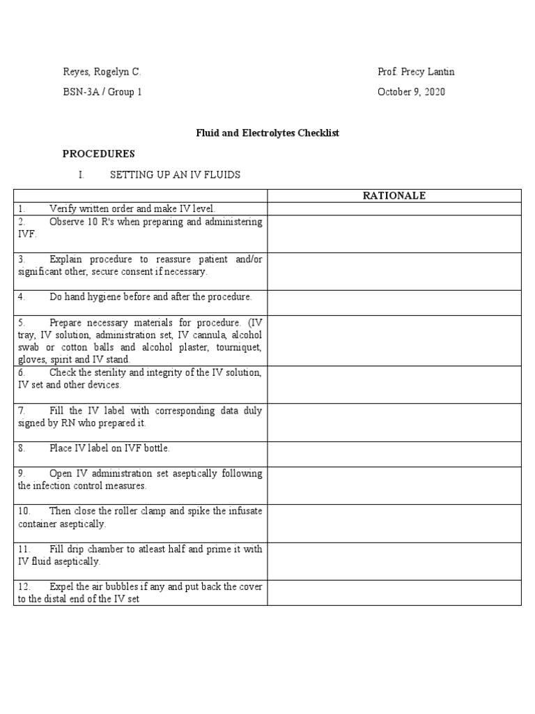 Fluid and Electrolytes Checklist Procedures | PDF | Intravenous Therapy ...
