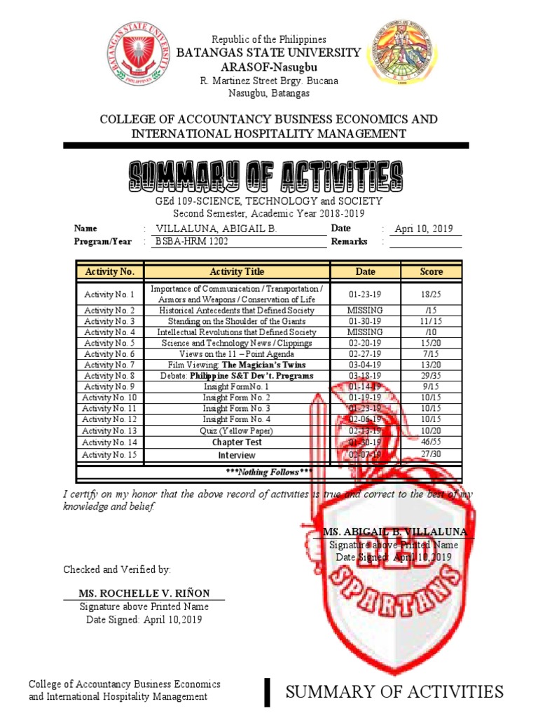 Batangas State University ARASOF-Nasugbu: Summary of Activities | PDF | Justification | Science