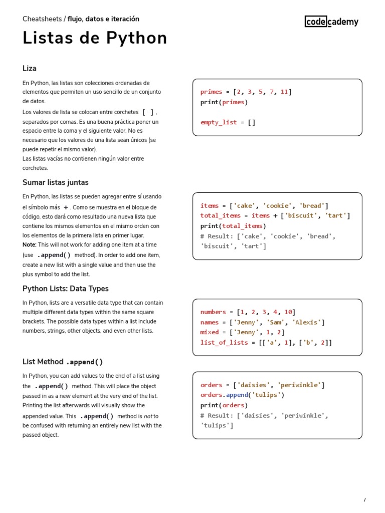 Flujo, Datos e Iteración - Hoja de Referencia de Listas de Python ...
