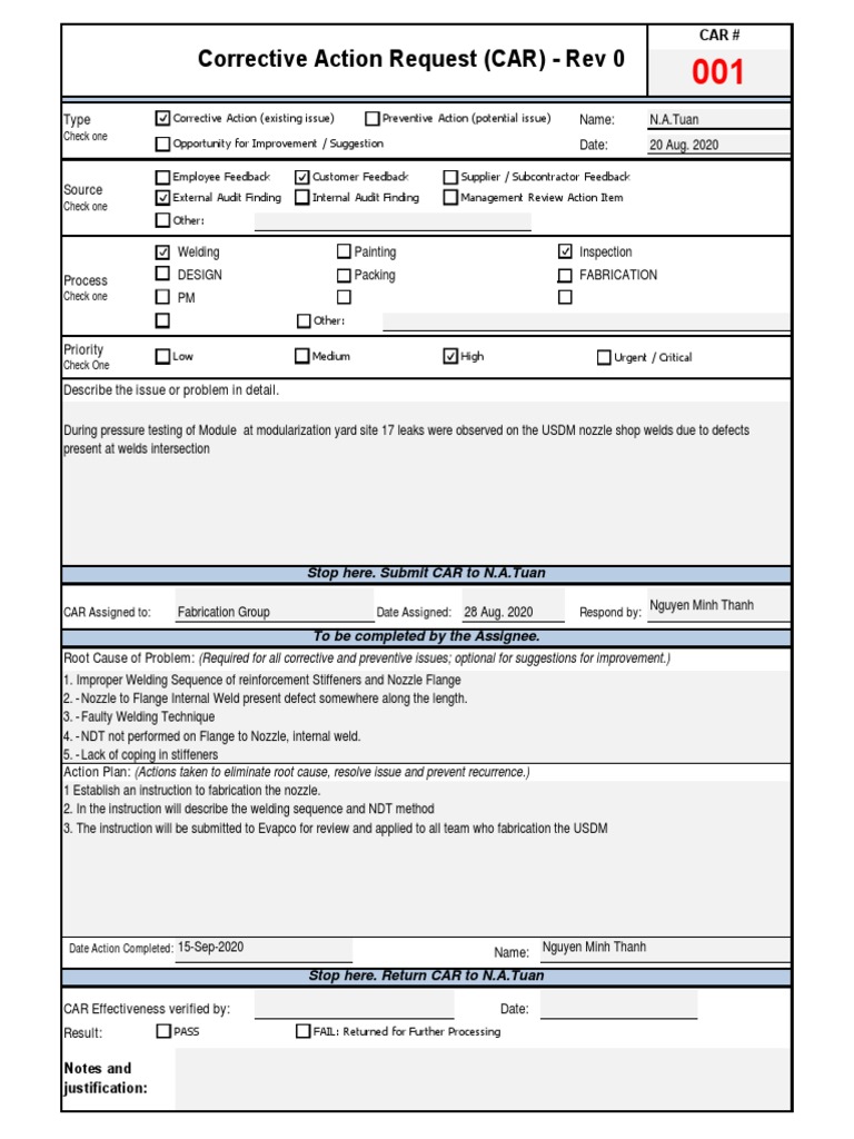 Corrective Action Request (CAR) - Rev 0: Stop Here. Submit CAR To N.A ...