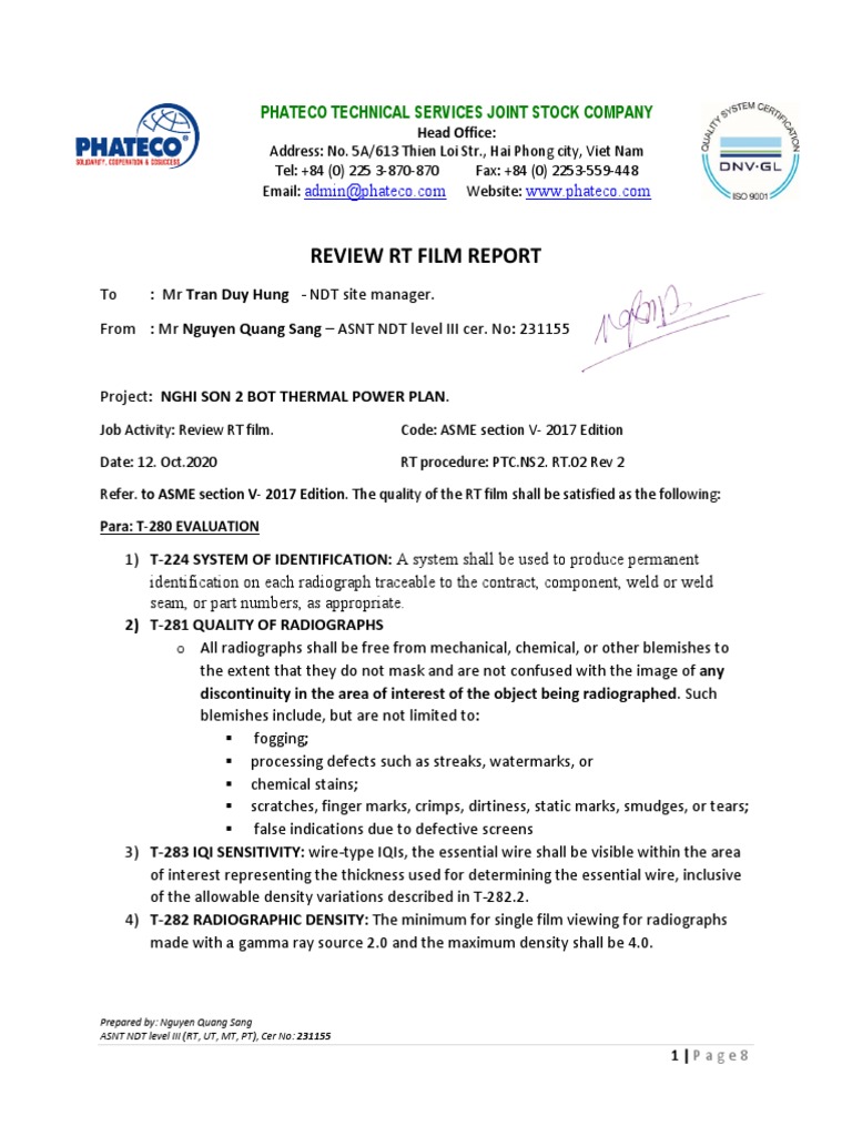 PHATECO TECHNICAL SERVICES JOINT STOCK COMPANY RT FILM REPORT REVIEW | PDF