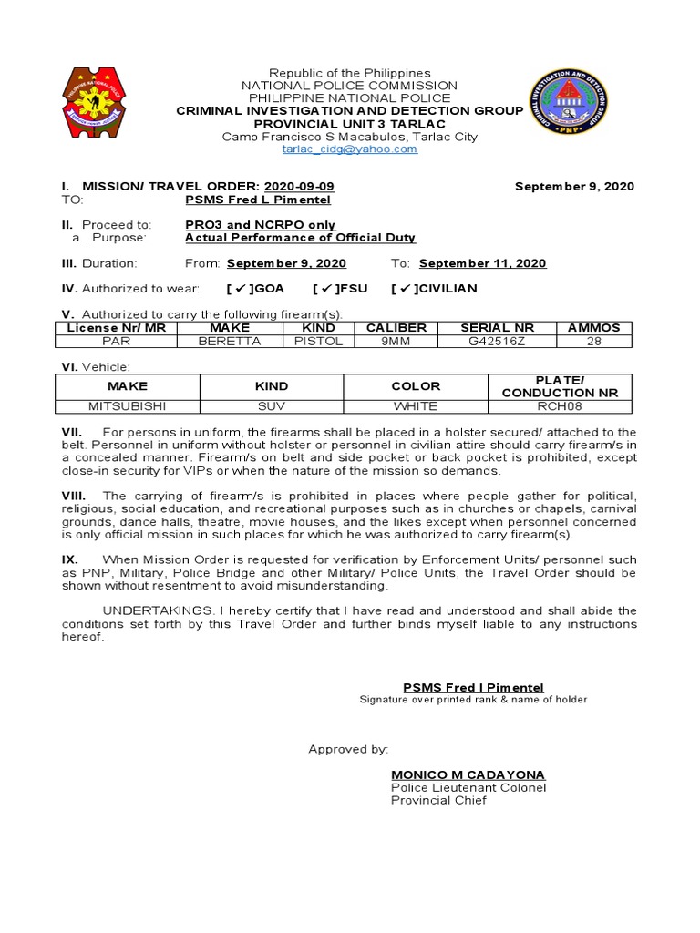 Mission Order Travel Order | PDF | Police | Law Enforcement