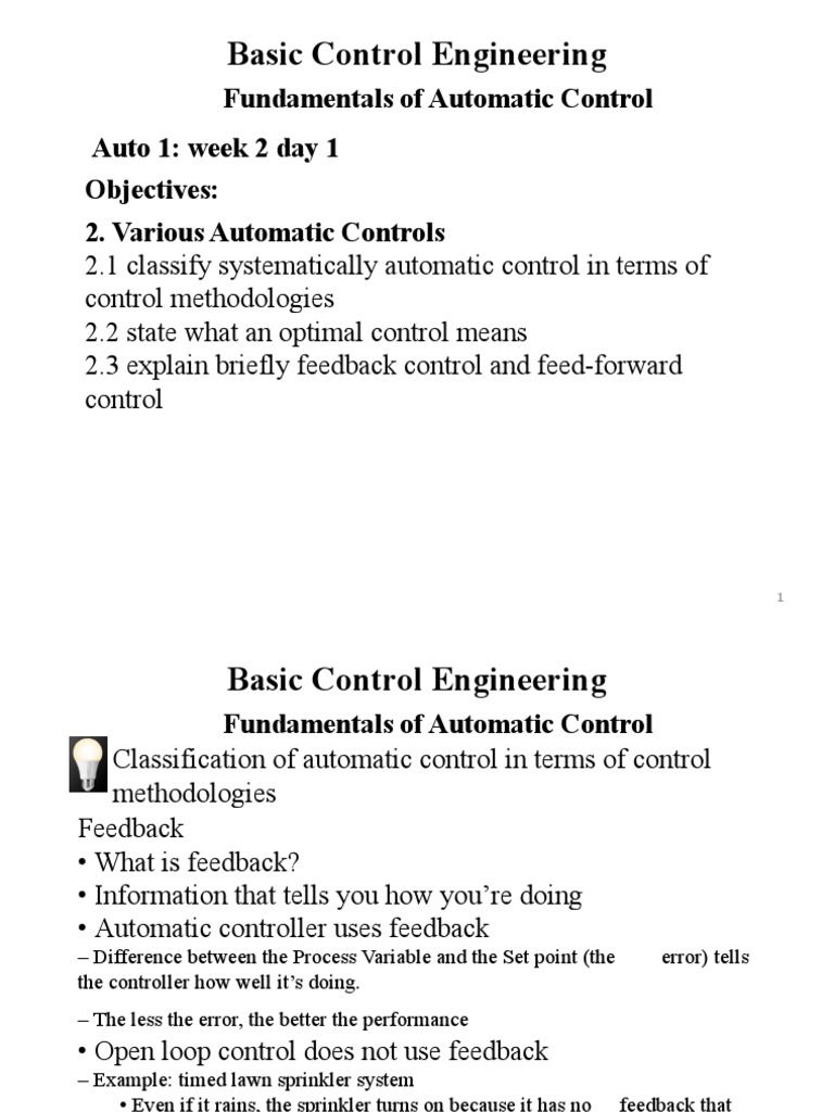 Basic Control Engineering: Fundamentals of Automatic Control Auto 1: Week 2 Day 1 2. Various ...
