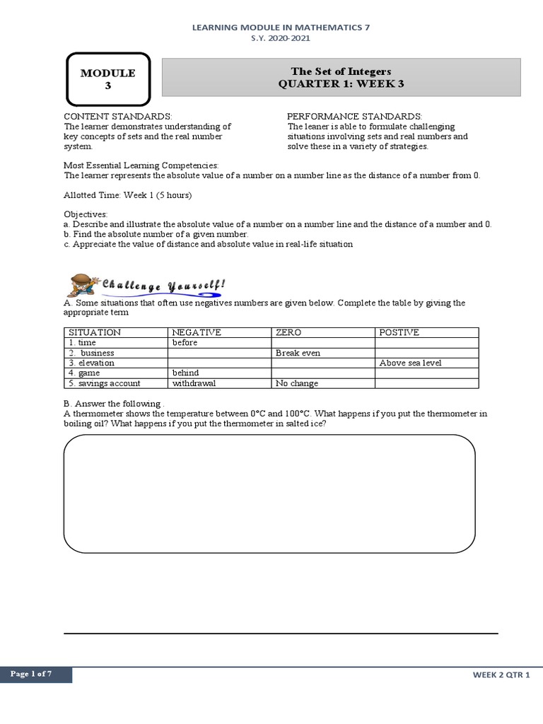 Module - Qtr1-Week2 - Math7 | PDF | Numbers | Inequality (Mathematics)