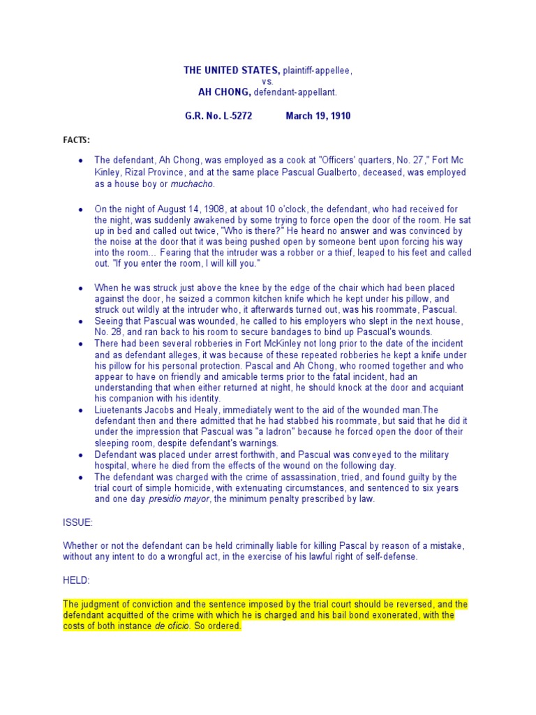 Digest US vs Ah Chong GR No. L-5272 | Recklessness (Law) | Virtue