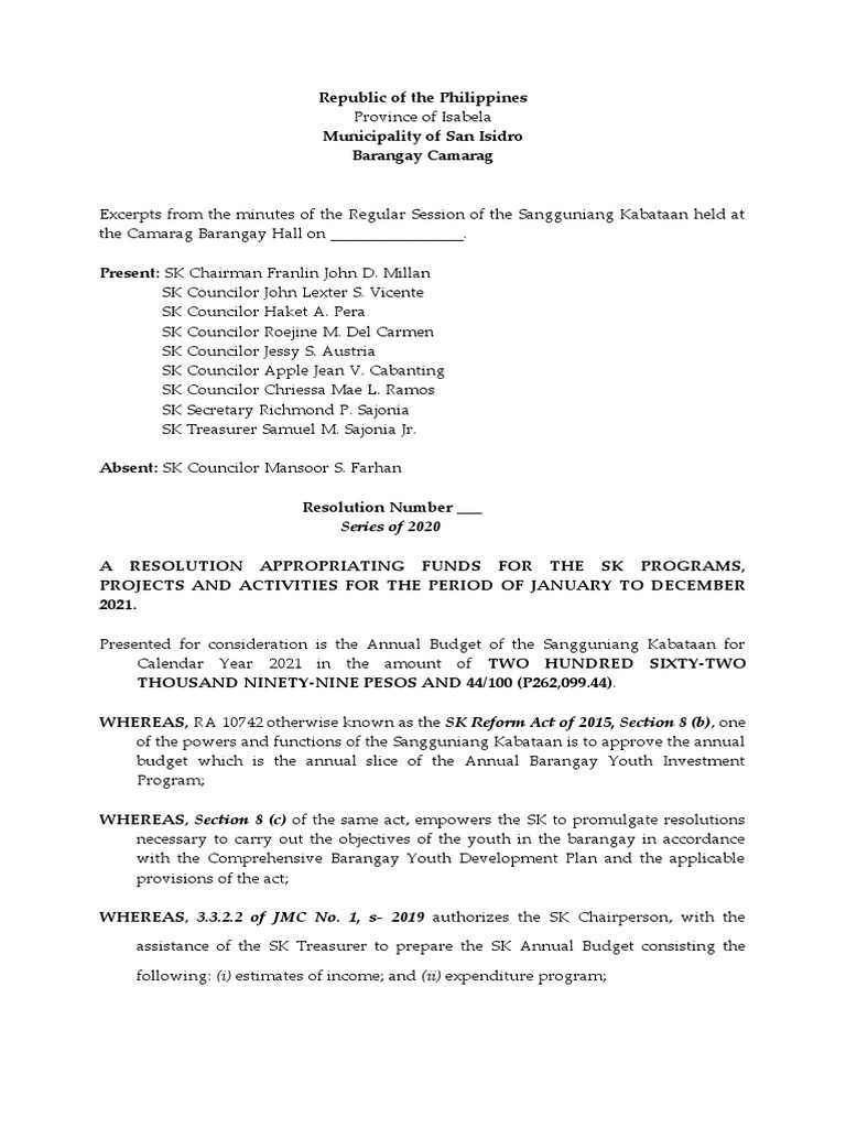 SK Resolution - 2021 Budget | PDF | Philippines | Government