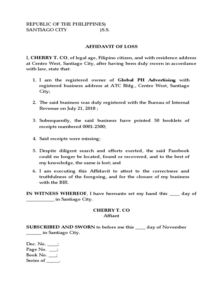 Affidavit of Loss - BIR Receipts | PDF
