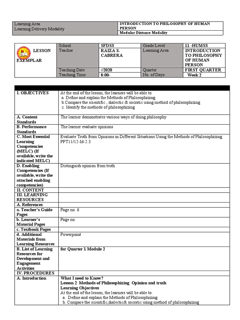 Methods of Philosophizing Lesson Plan | PDF | Reason | Deductive Reasoning