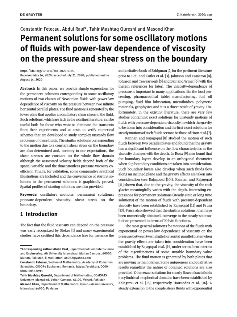 Permanent Solutions For Some Oscillatory Motions of Fluids With Power-Law Dependence of ...