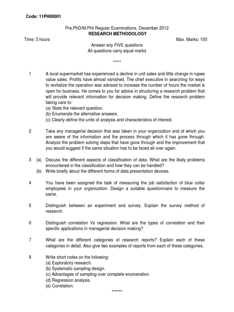Research Methodology Exam Questions | PDF | Survey Methodology ...
