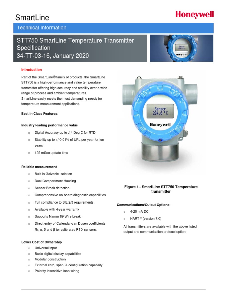 Smartline: Stt750 Smartline Temperature Transmitter Specification 34-Tt-03-16, January 2020 ...