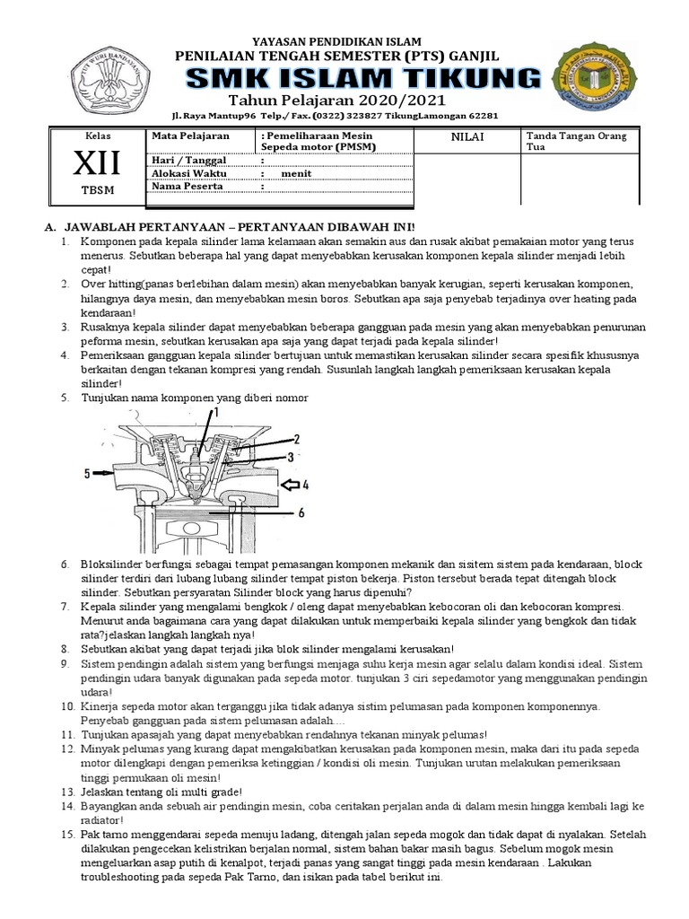 Soal PTS Pemeliharaan Mesin Xii TBSM | PDF