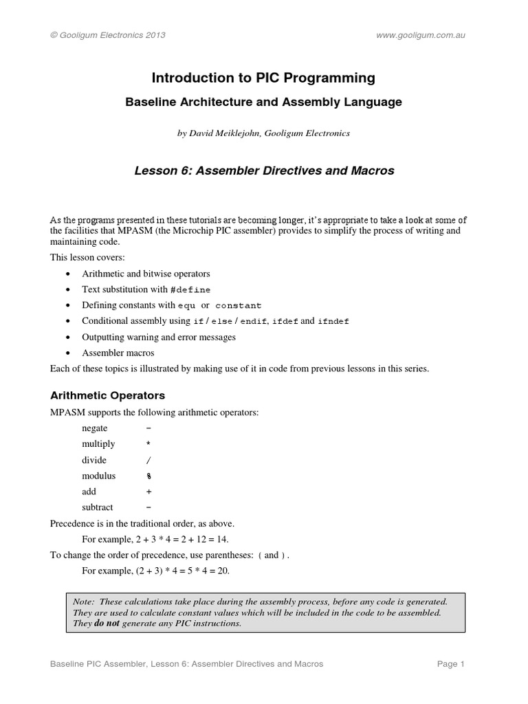 Introduction To PIC Programming: Baseline Architecture and Assembly Language | PDF | Assembly ...