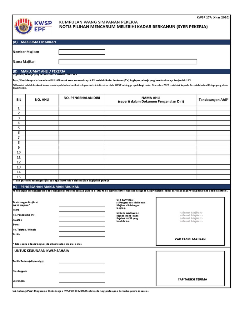 LAMPIRAN 2 - Borang KWSP 17A (Khas 2020) (Excel) | PDF