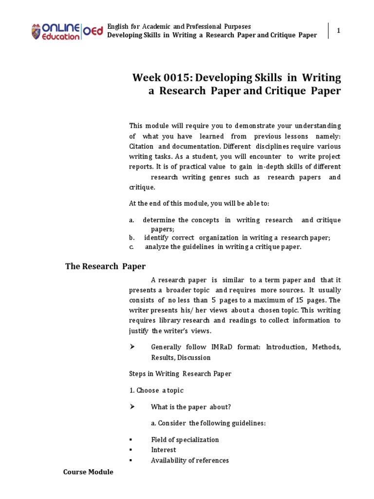 Critique Paper Format Features AND Structure OF A Critique Paper