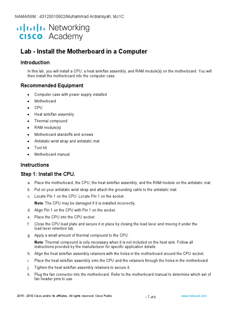 2.1.3.10 Lab - Install The Motherboard in A Computer | PDF | Electrical ...