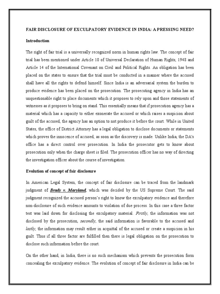 Fair Disclosure of Exculpatory Evidence in India: A Pressing Need ...