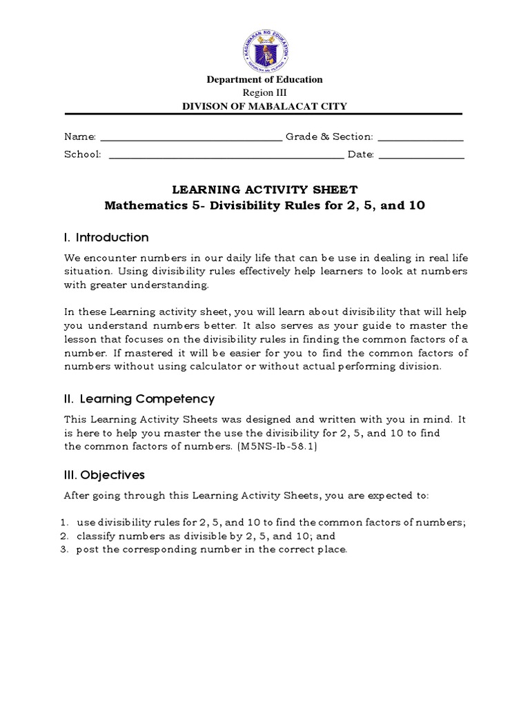 Math5 Q1 Wk1 Lesson 1 Divisibility Rules 2 5 And 10 Evaluated