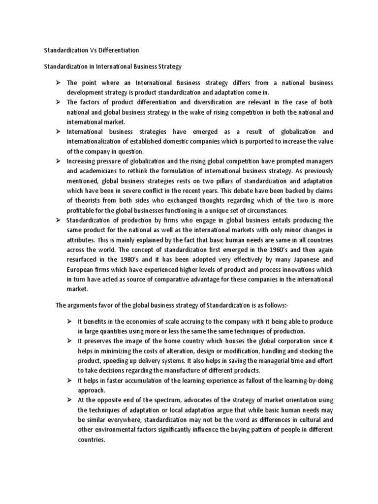 Standardization Vs Differentiation | PDF | Strategic Management | Marketing