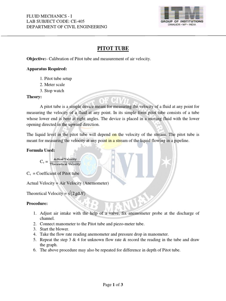 Pitot Tube | PDF | Flow Measurement | Pressure Measurement