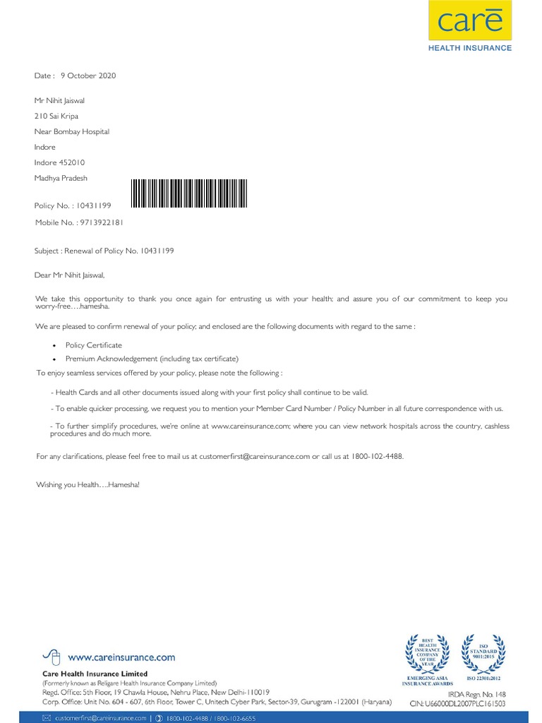 CareHealth Policy 2020-21 Nihit Family | PDF | Insurance | Deductible