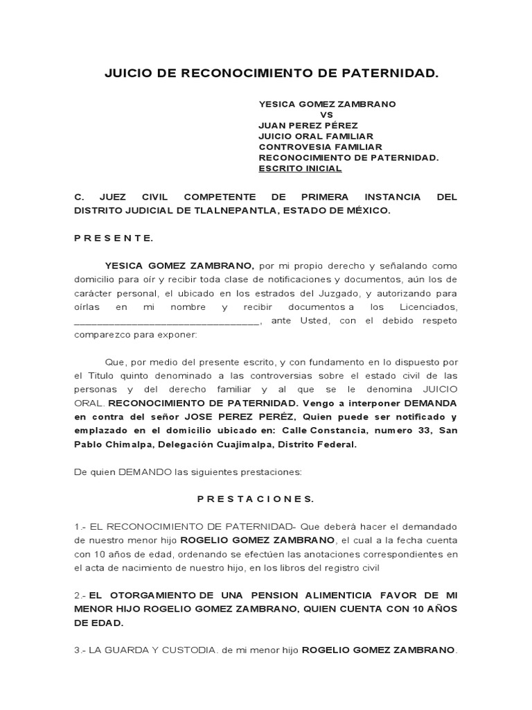 Escrito de Reconocimiento de Paternidad | PDF | Pensión alimenticia | Perfiles de ADN