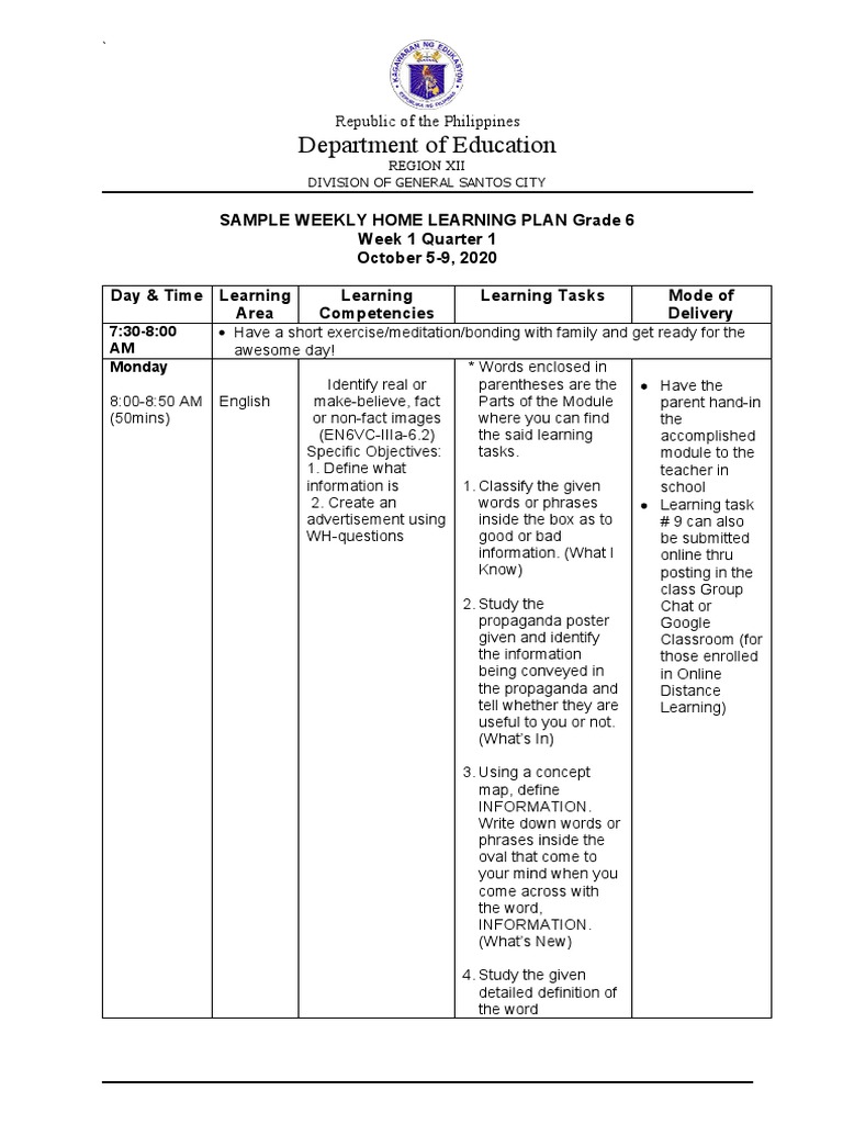 WEEKLY HOME LEARNING PLAN Sample | PDF | Information | Learning