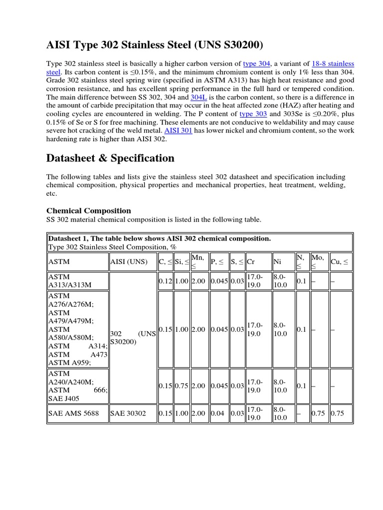 AISI Type 302 Stainless Steel (UNS S30200) : Chemical Composition | PDF ...