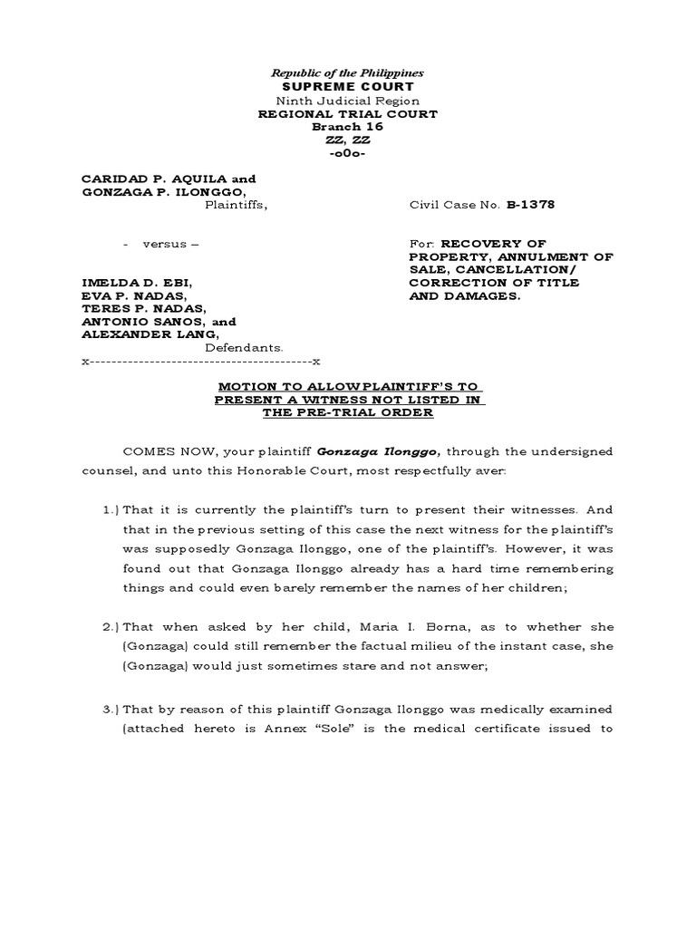 Motion To Allow To Present Witness | PDF | Courts | Judiciaries