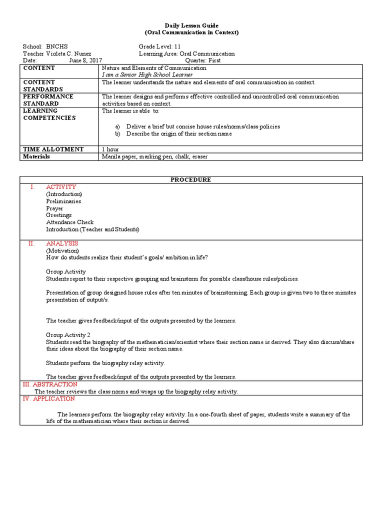 I Am A Senior High School Learner: Daily Lesson Guide (Oral ...