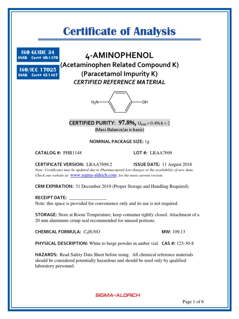 Certificate of Analysis: 4-Aminophenol | PDF | Analysis Of Variance ...