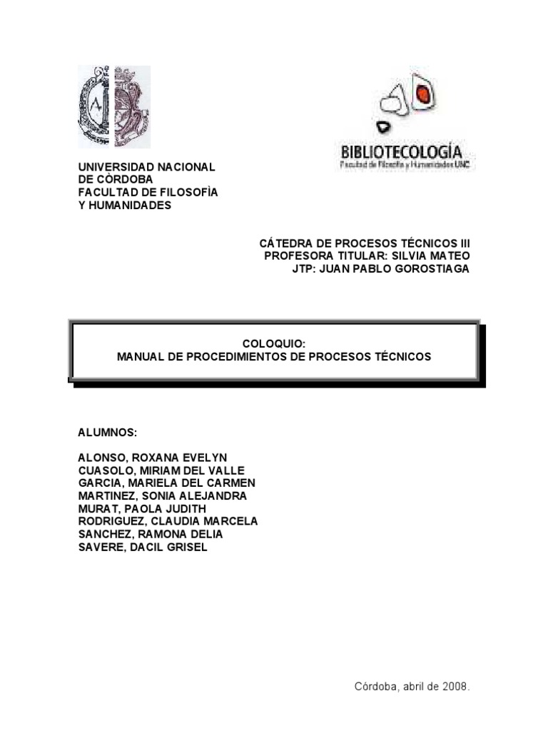 Manual Procedimientos Procesos Tecnicos Pdf Catalogación Papa