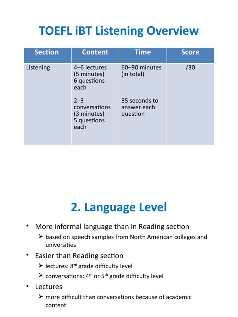 Overview TOEFL iBT Listening | PDF | Lecture | Psychological Concepts