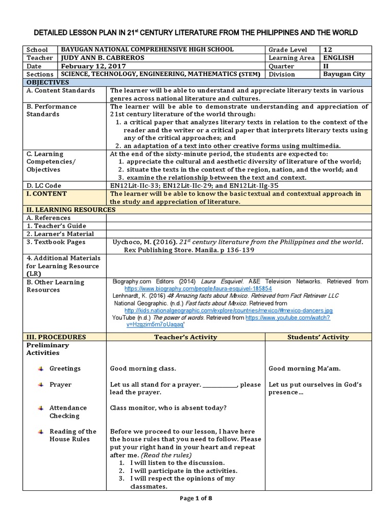 Detailed Lesson Plan in 21 Century Literature From The Philippines and ...