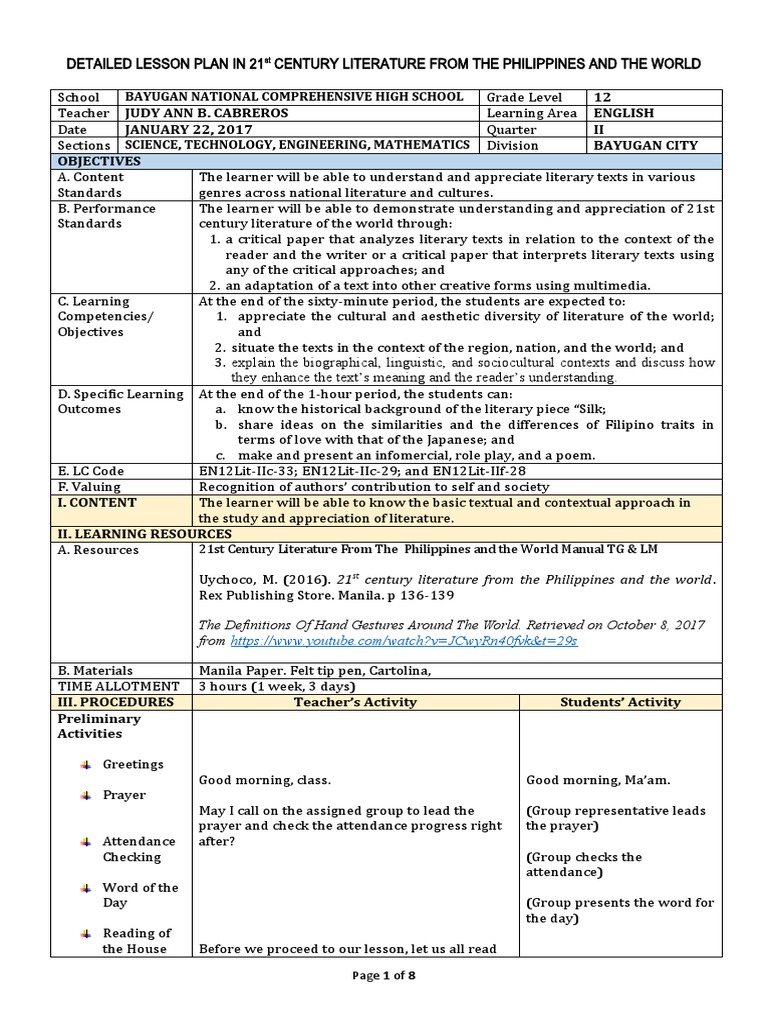 Detailed Lesson Plan in 21 Century Literature From The Philippines and ...