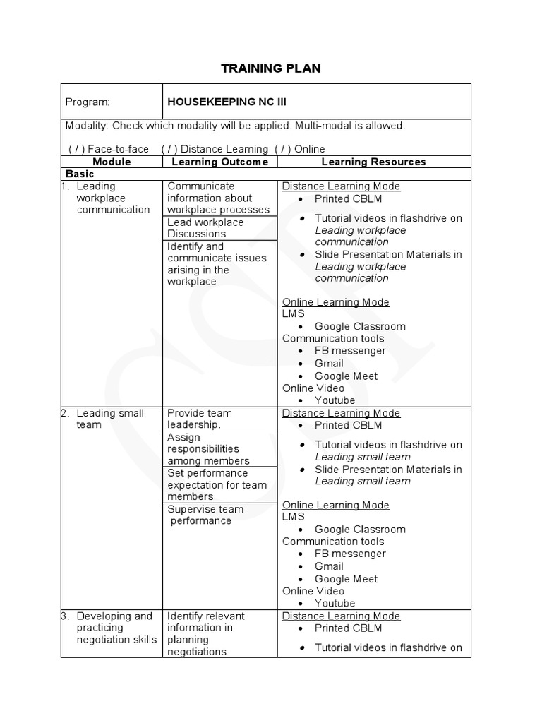 Training Plan: Housekeeping NC Iii | PDF | Educational Technology ...